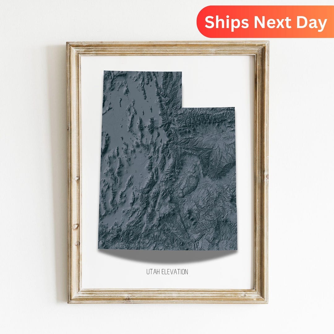 Utah Elevation Map of Utah Mountains Wall Art for Utah Nature Lover ...