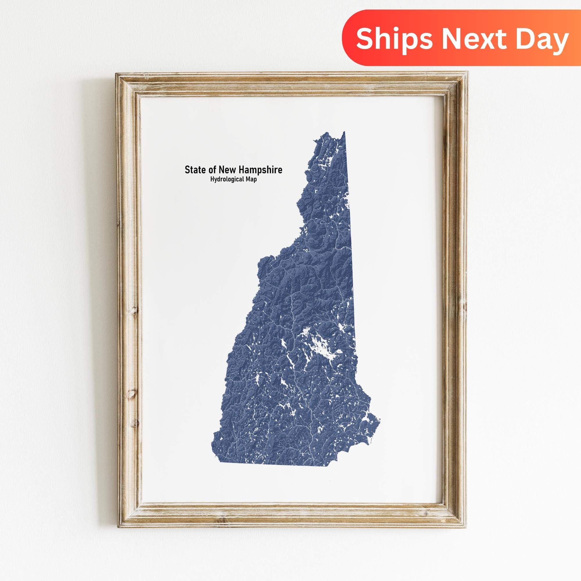 New Hampshire Hydrology Map of New Hampshire Rivers and Lakes Wall Art ...