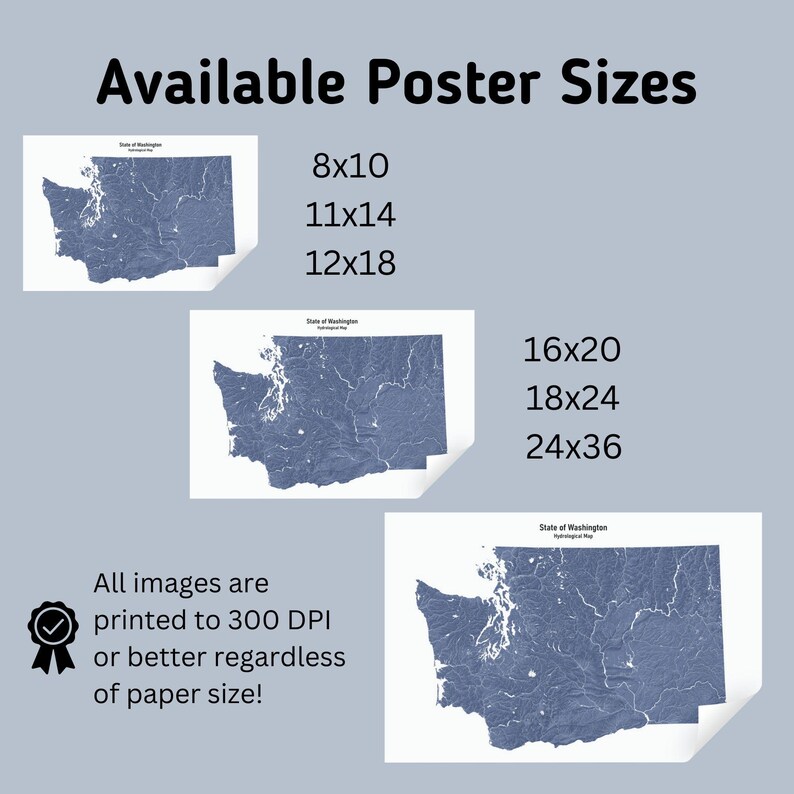 Washington Hydrology Map of Washington Rivers and Lakes Wall Art for ...
