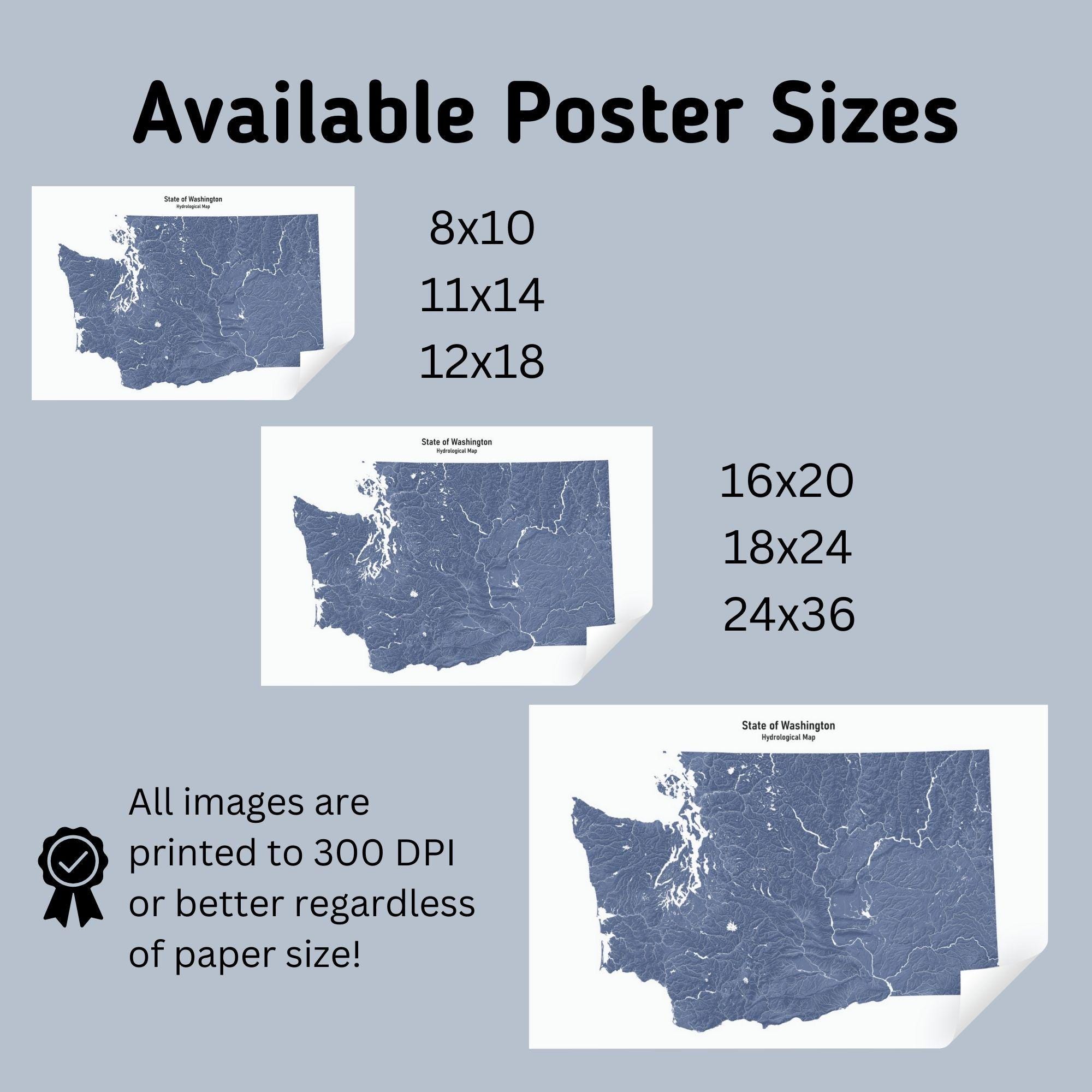Washington Hydrology Map of Washington Rivers and Lakes Wall Art for ...