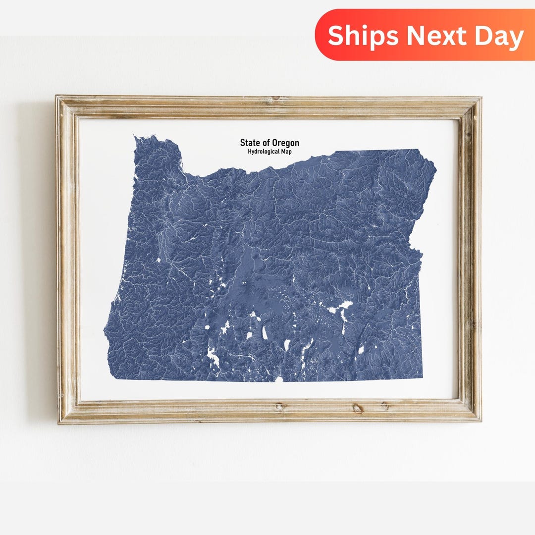Oregon Hydrology Map of Oregon Rivers and Lakes Wall Art for Oregon ...