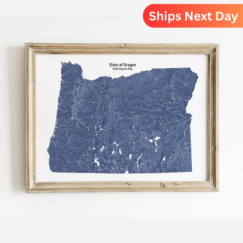 Oregon Hydrology Map of Oregon Rivers and Lakes Wall Art for Oregon ...