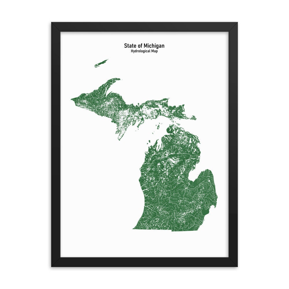 Hydrology Map Michigan Wall Art Map Art Print Rivers and Lakes Art ...