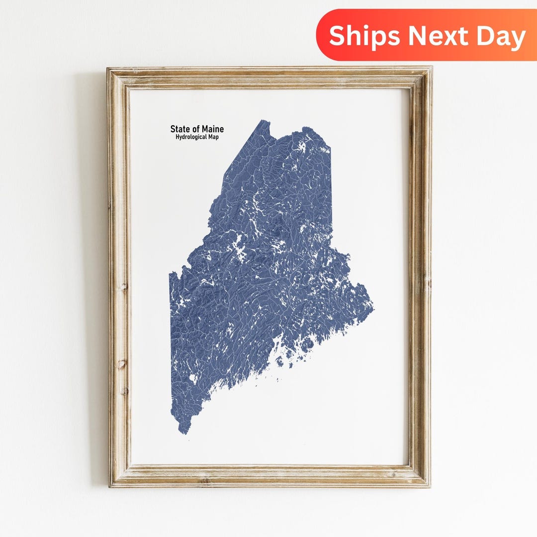 Maine Hydrology Map of Maine Rivers and Lakes Wall Art for Maine Nature ...