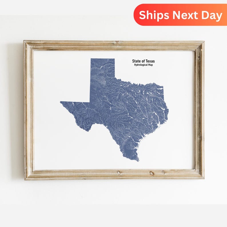 Texas Hydrology Map of Texas Rivers and Lakes Wall Art for Texas Nature ...