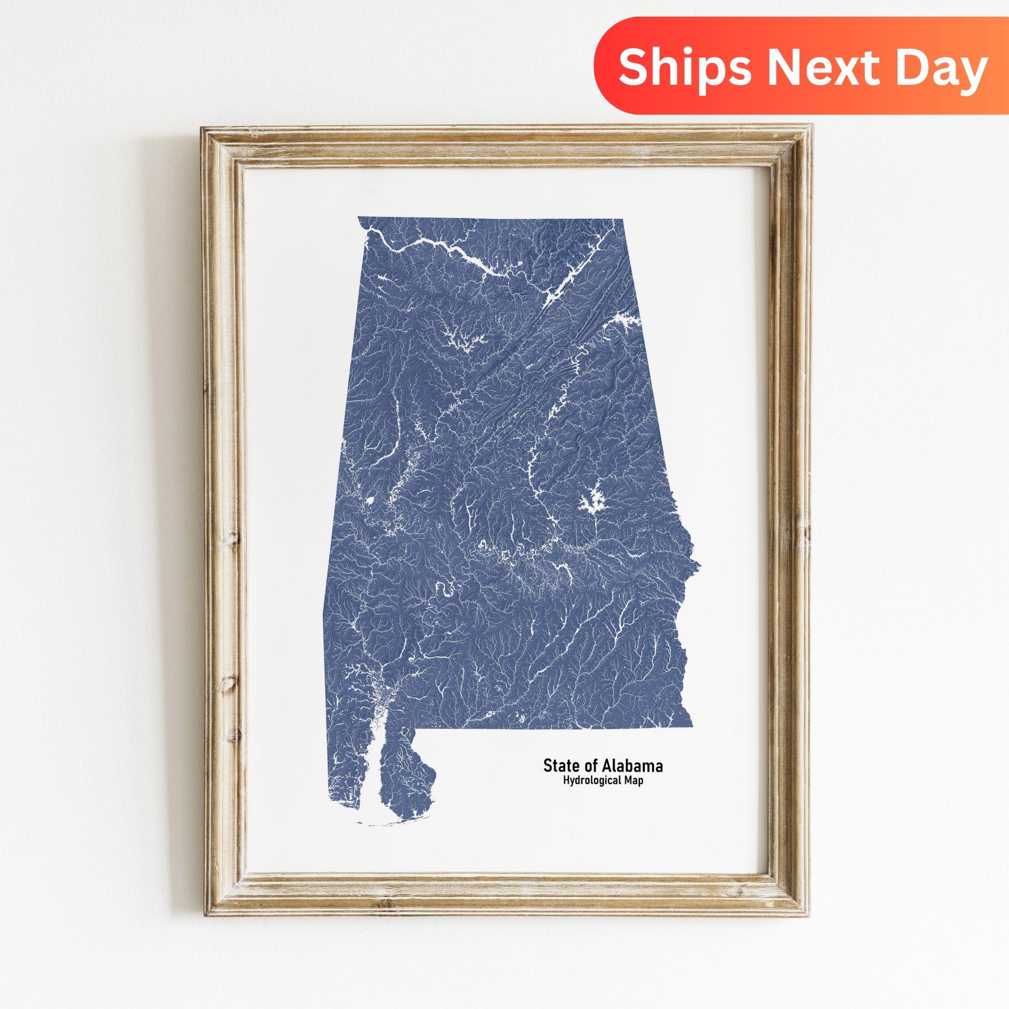 Alabama Hydrology Map of Alabama Rivers and Lakes Wall Art for Alabama ...