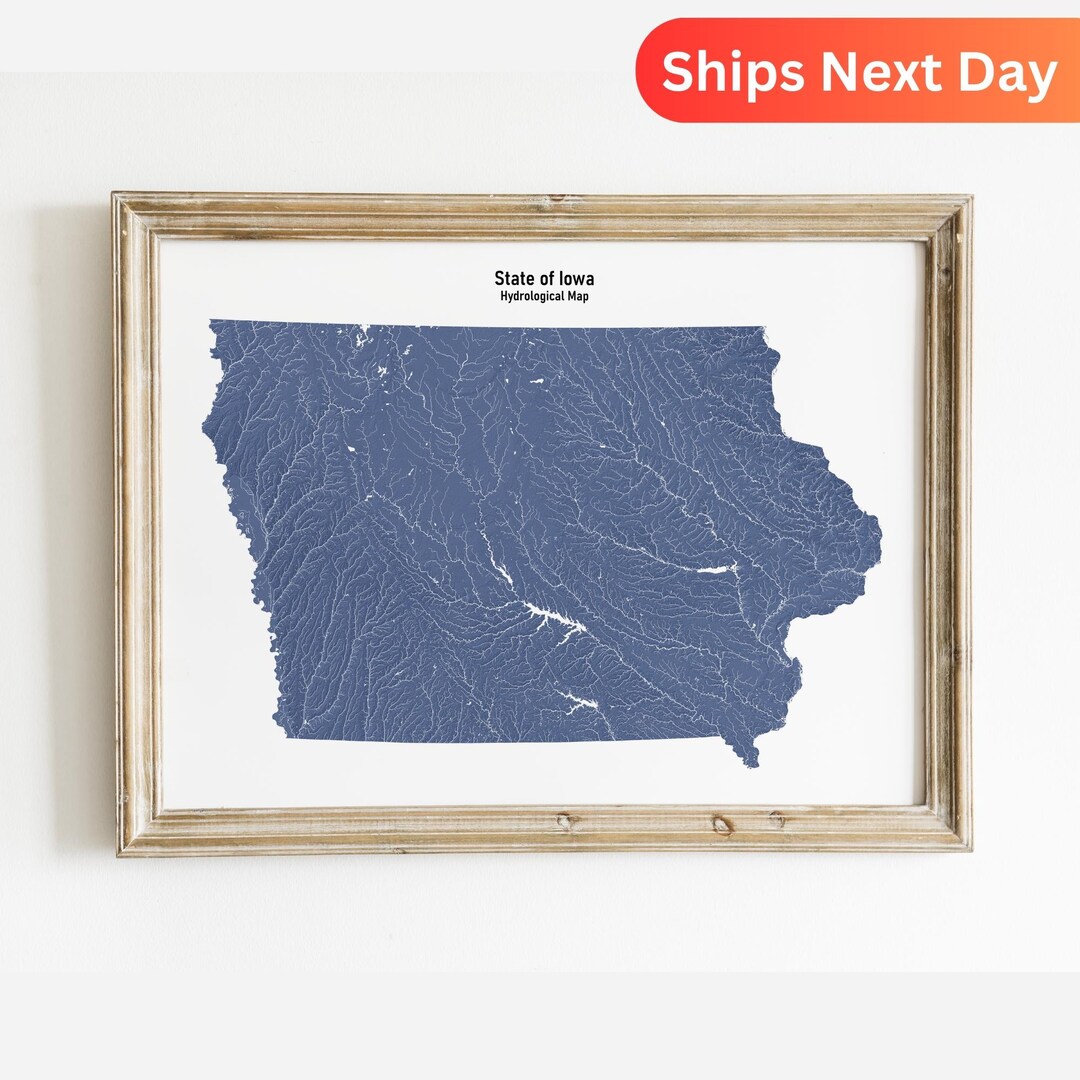 Iowa Hydrology Map of Iowa Rivers and Lakes Wall Art for Iowa Nature ...