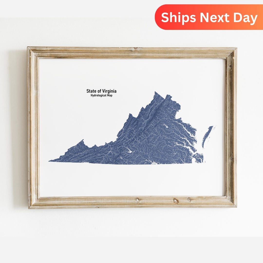 Virginia Hydrology Map of Virginia Rivers and Lakes Wall Art for ...