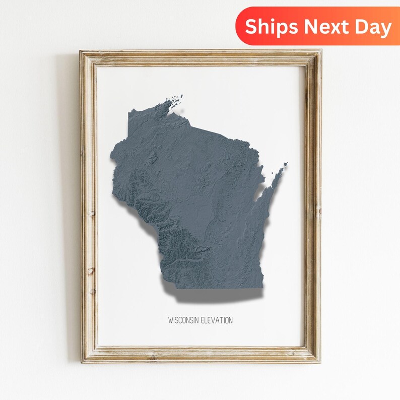 Wisconsin Elevation Map of Wisconsin Terrain Wall Art for Wisconsin ...