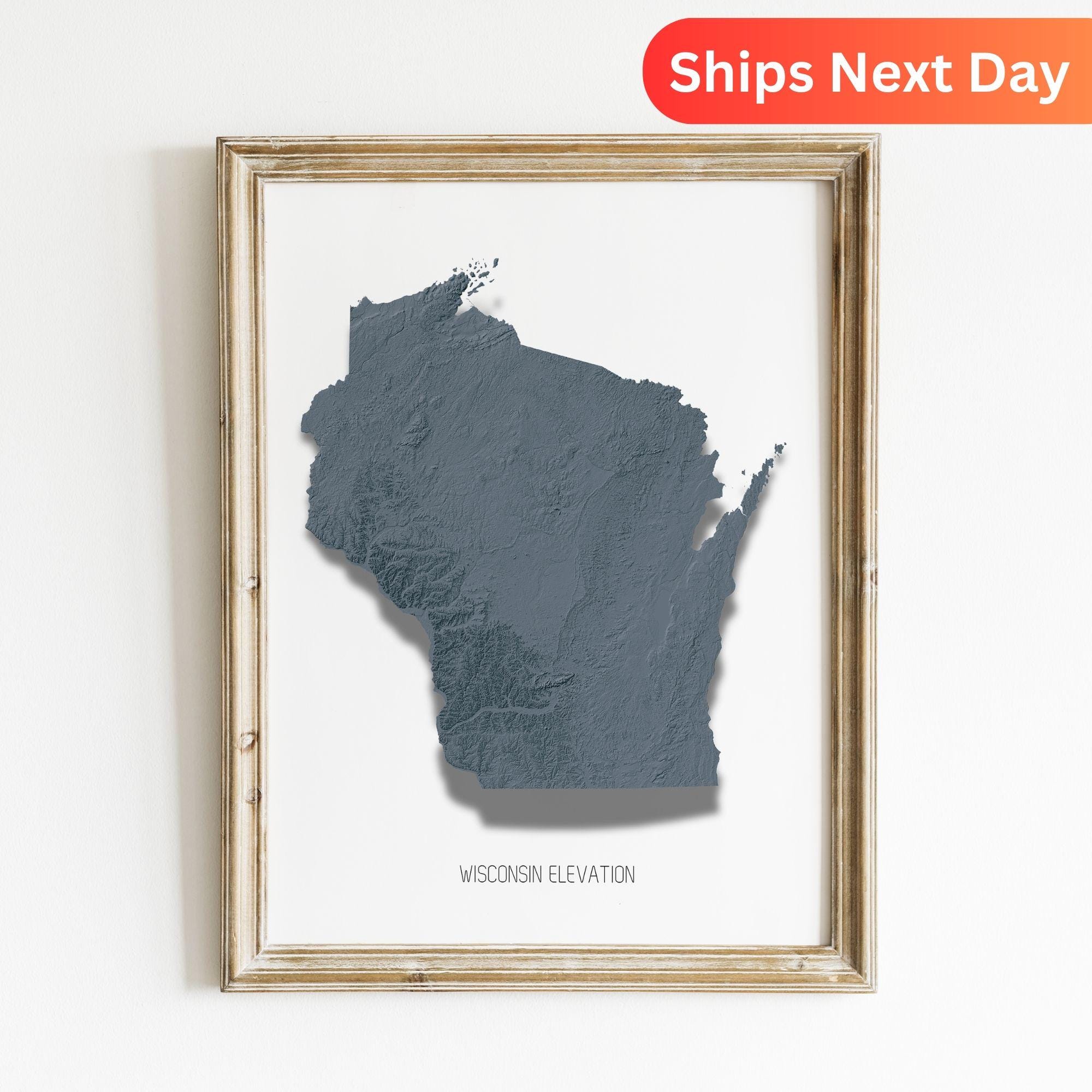 Wisconsin Elevation Map of Wisconsin Terrain Wall Art for Wisconsin ...