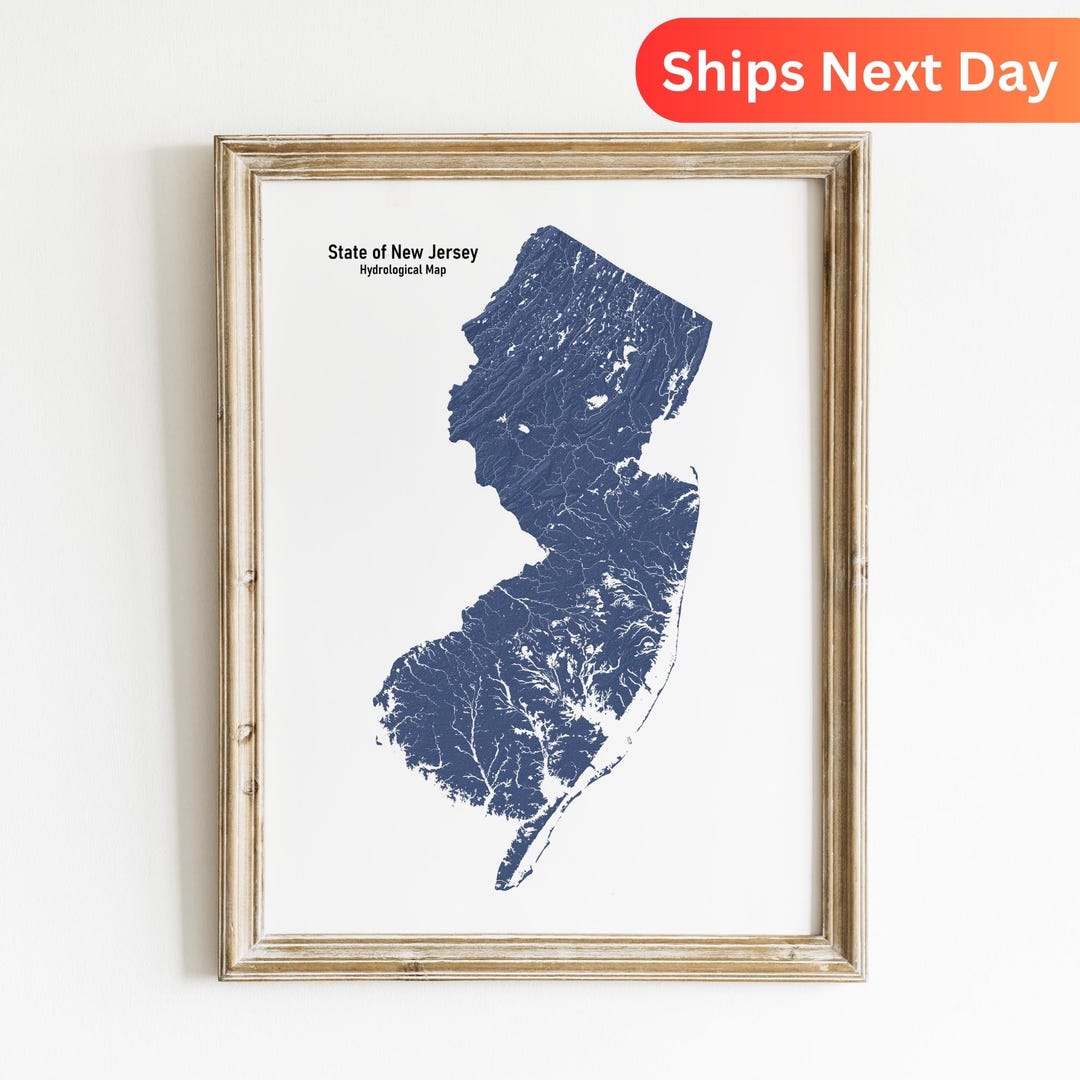 New Jersey Hydrology Map of New Jersey Rivers and Lakes Wall Art for ...