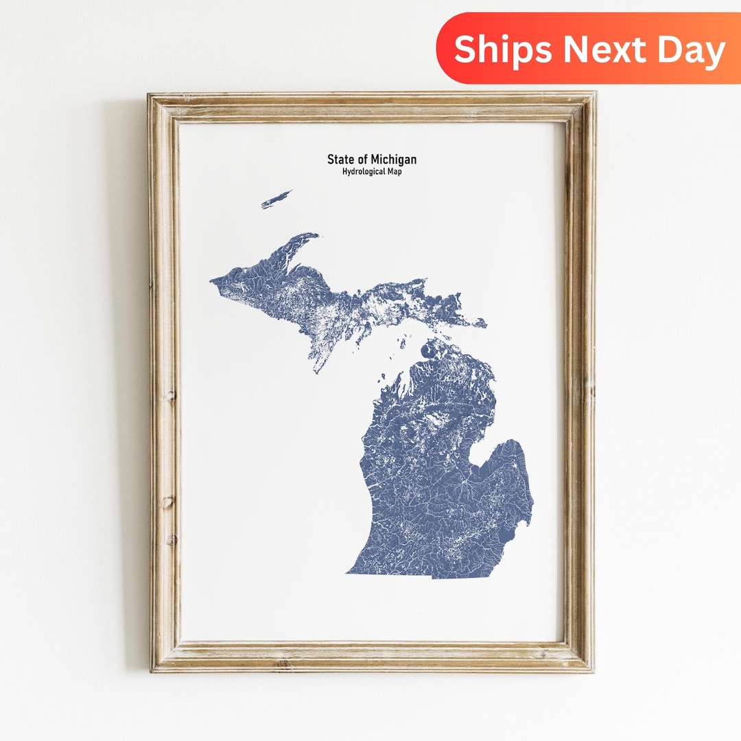 Michigan Hydrology Map of Michigan Rivers and Lakes Wall Art for ...