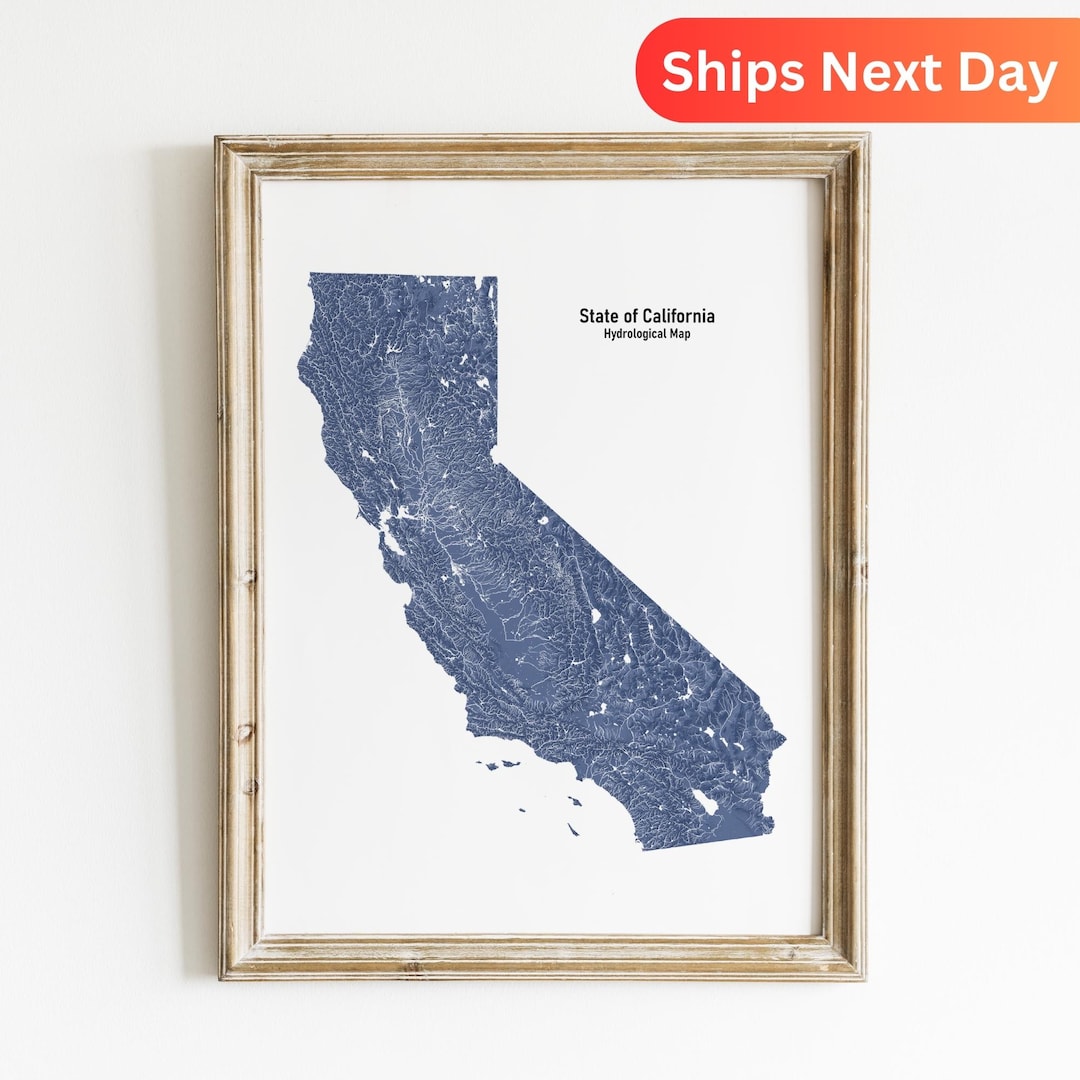 California Hydrology Map of California Rivers and Lakes Wall Art for ...
