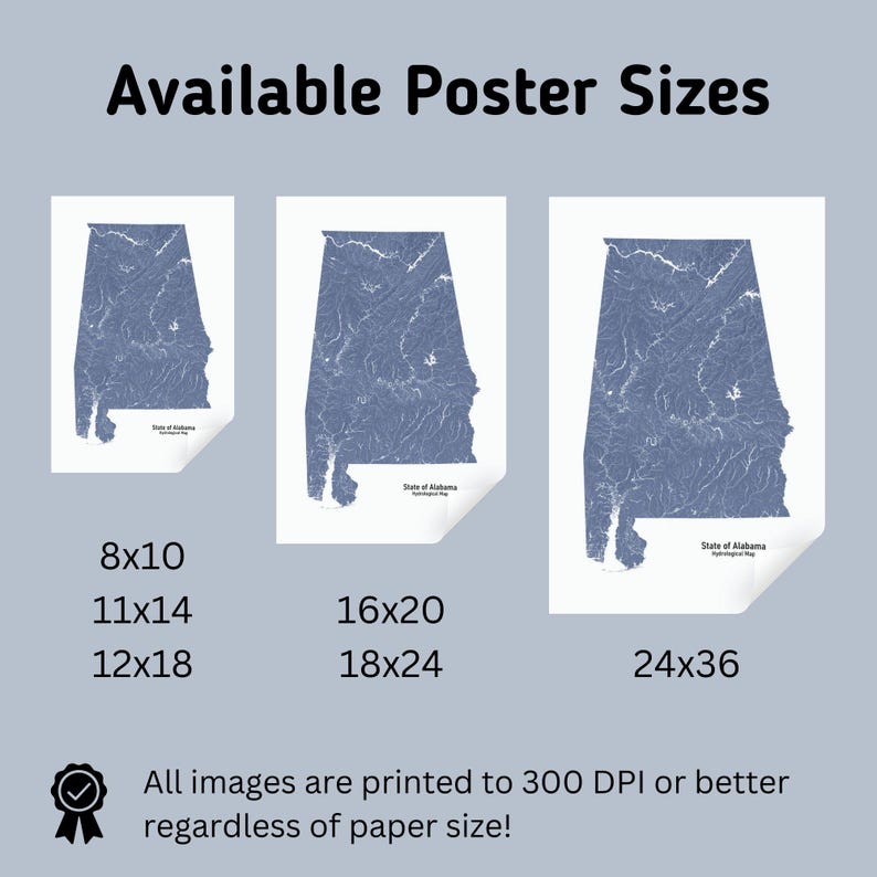 Alabama Hydrology Map of Alabama Rivers and Lakes Wall Art for Alabama ...