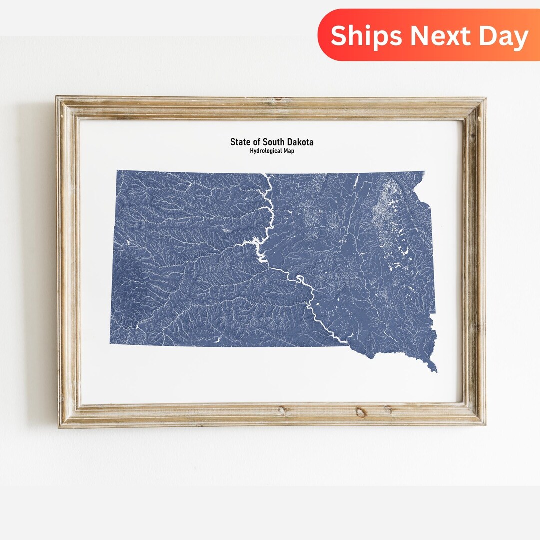 South Dakota Hydrology Map of South Dakota Rivers and Lakes Wall Art ...