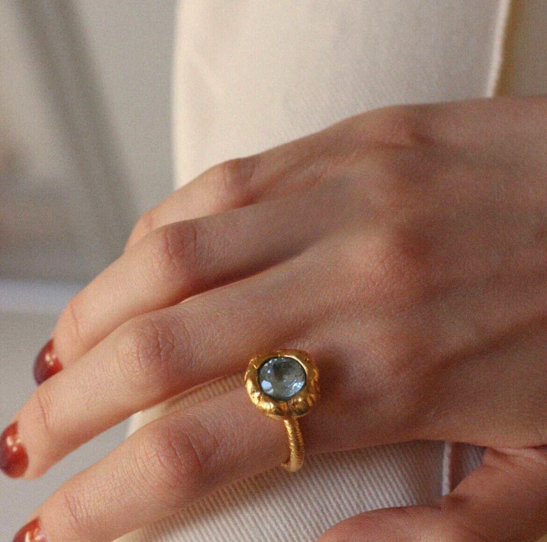 24K Gold Sparkling Topaz Ring, Vintage Style Ring With Topaz Stone ...