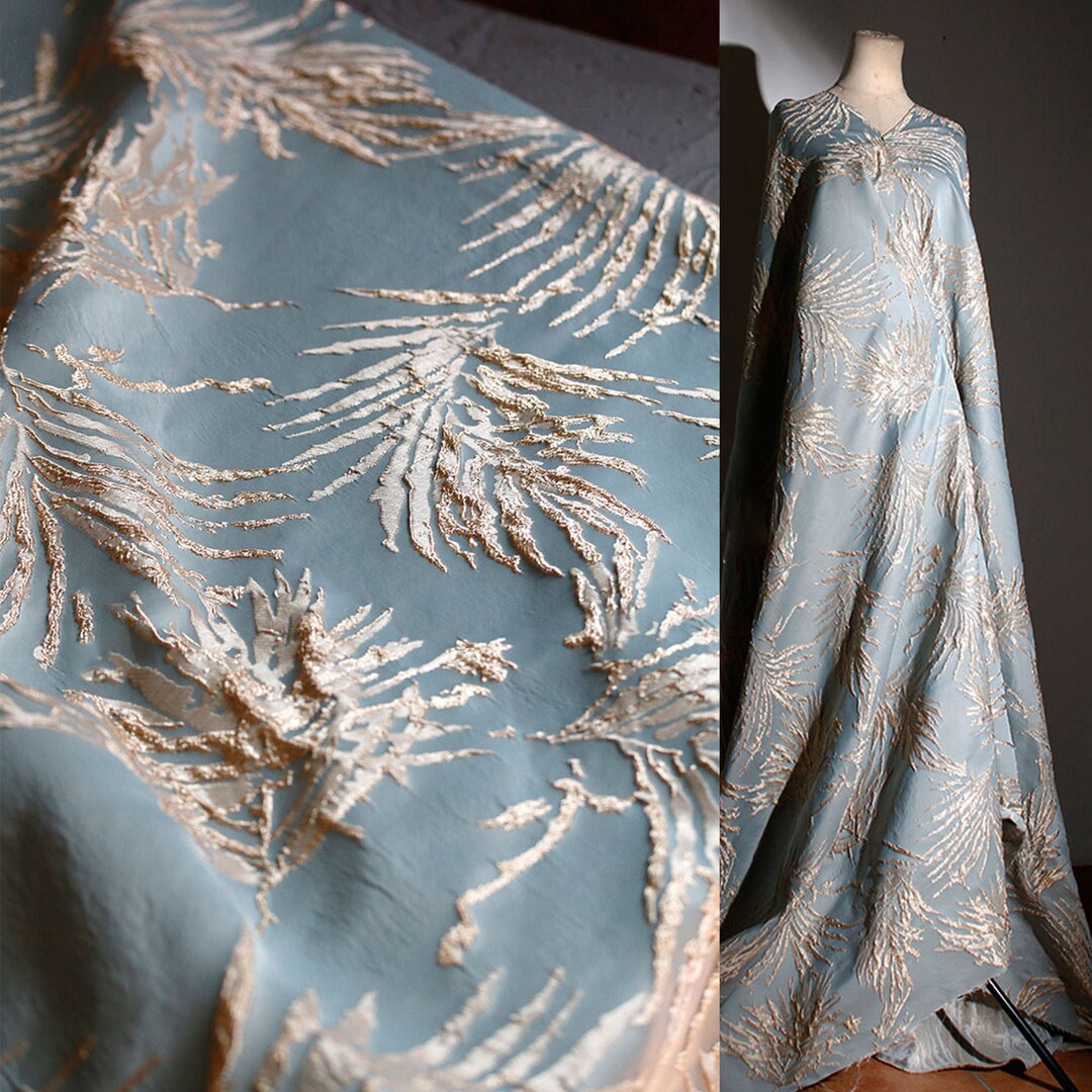 Luxury Gold Embroidered Jacquard Fabric, Dusty Blue Embossed Damask ...