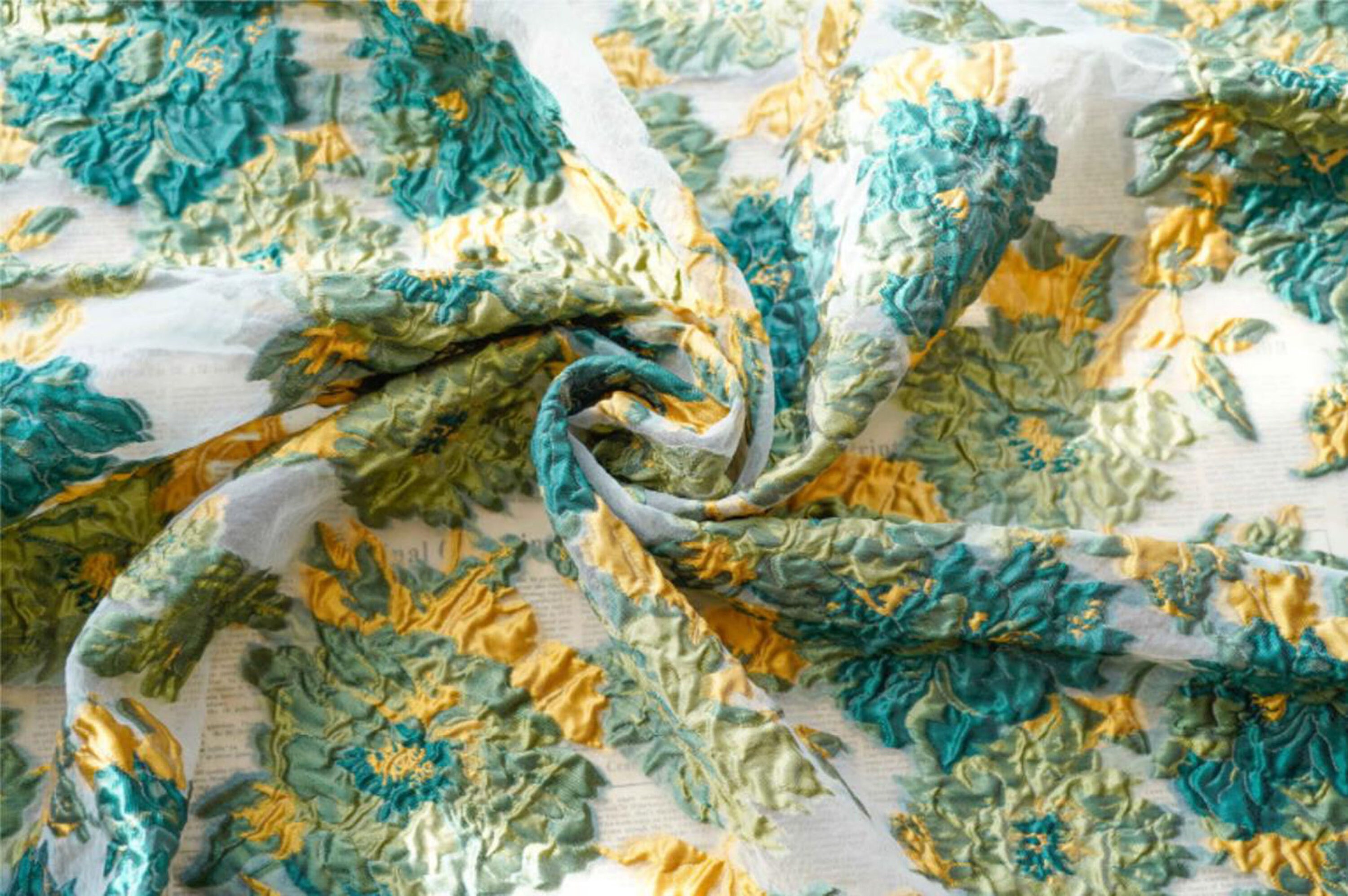 Flora Emboss Jacquard Fabric, Gold Embroidered Damask Blossom Brocade ...