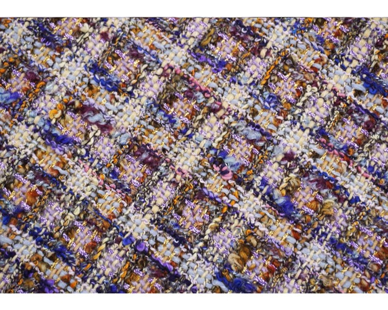 Colorblock Purple Check Tweed Fabric, Metallic Wool Tweed Boucle Fabric ...