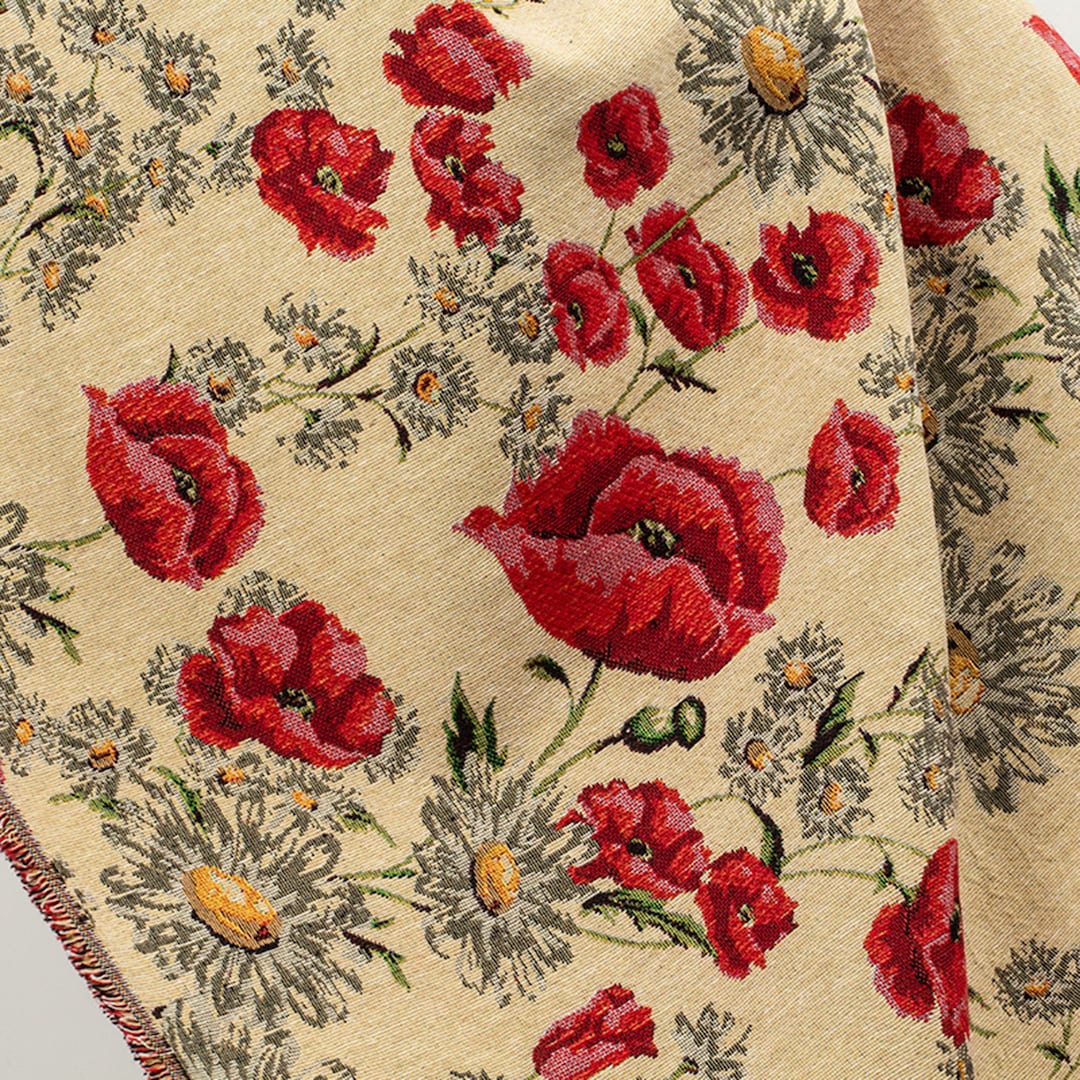 Poppy Flora Linen Jacquard Fabric, Vintage Upholstery Fabric ...