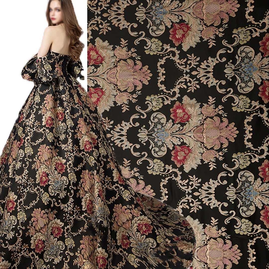 Geometric Black Jacquard Fabric, Gold Embroidered Brocade,court Style ...
