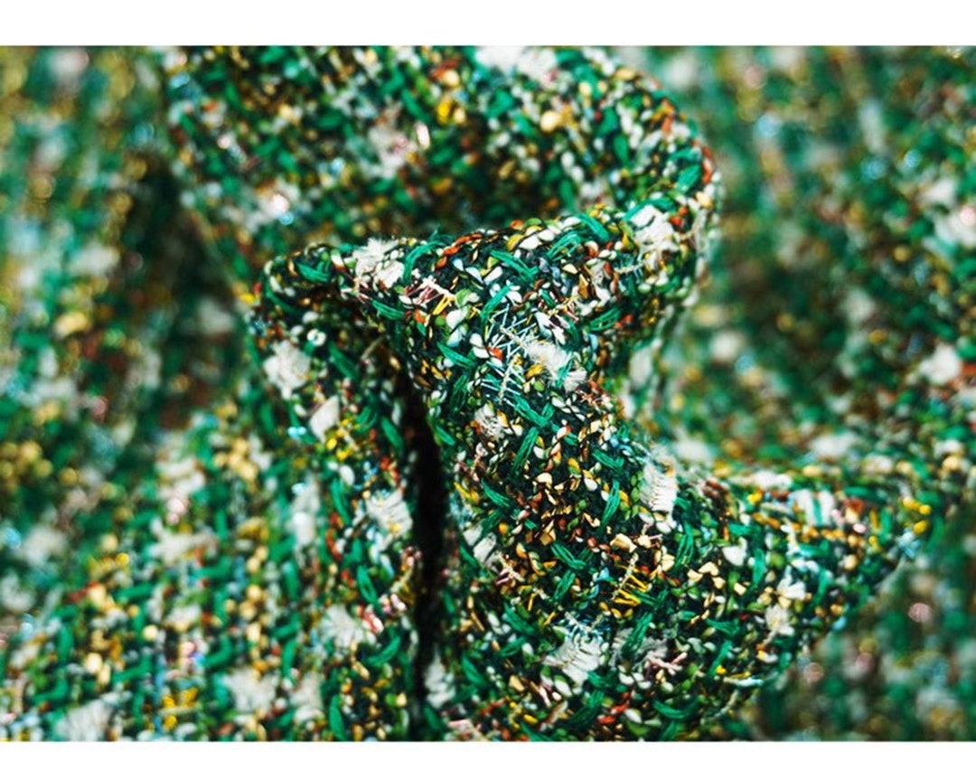 Green and Gold Tweed Fabric, Wool Tweed Boucle Fabric With Metallic ...