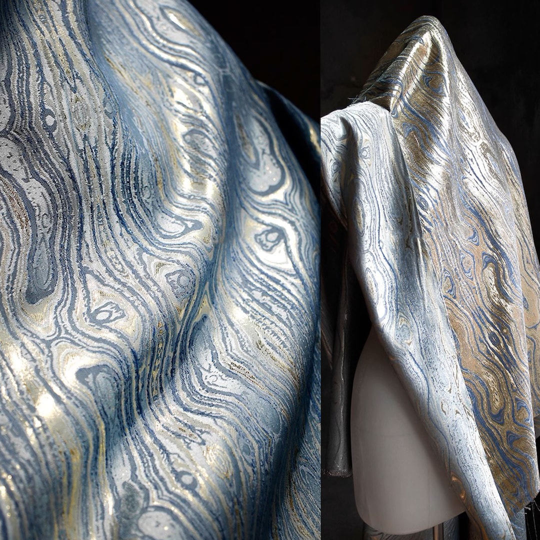 Blue Ripples Jacquard Fabric, Shiny Brocade Double Face Damask for ...