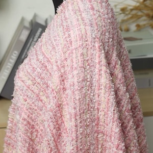 Sweet Pink Tweed Boucle Fabric, Woven 20% Wool Tweed Fabric With Tassel ...