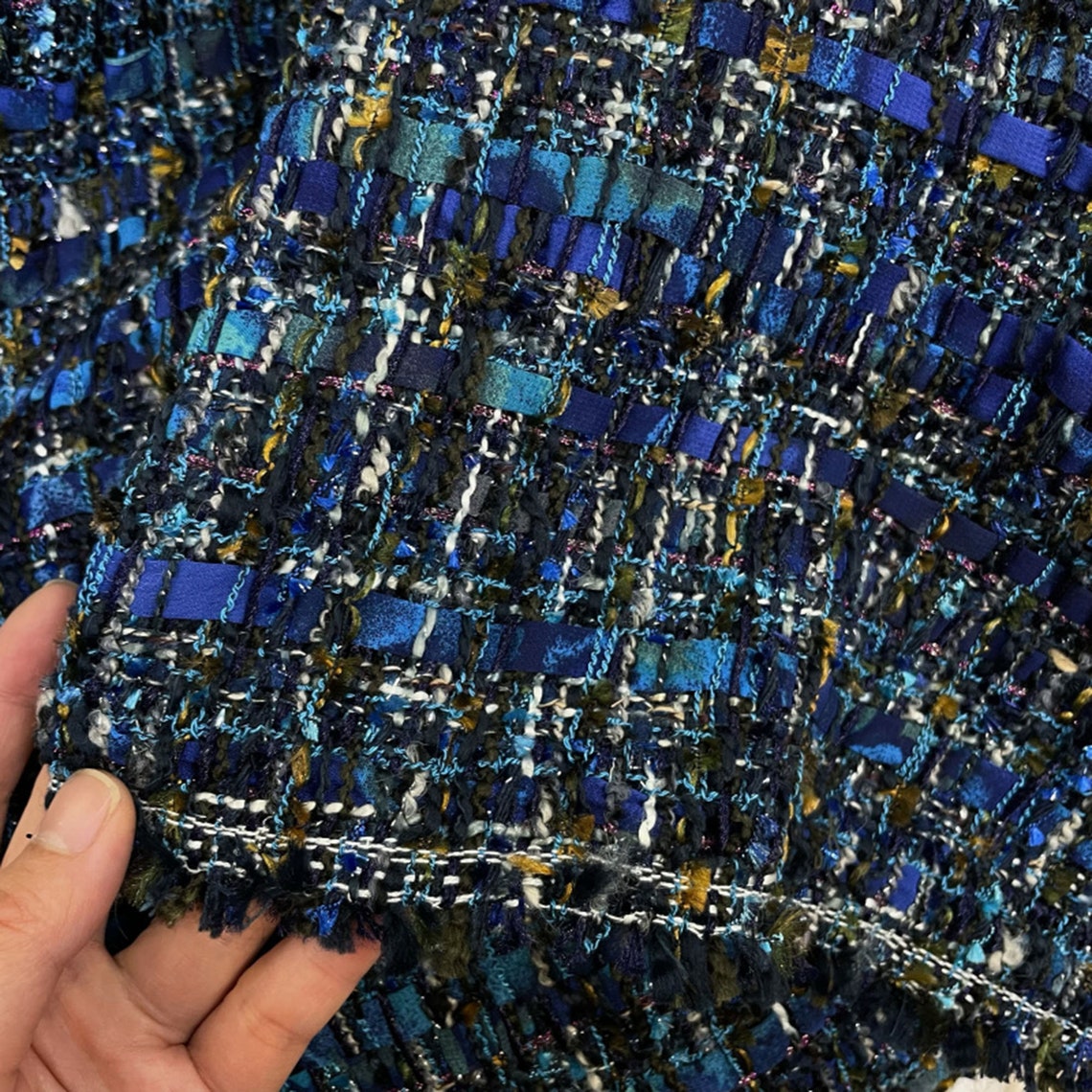 Blue Tweed Fabric, Colorful Ribbons Tweed Boucle Fabric for Suit Coat ...