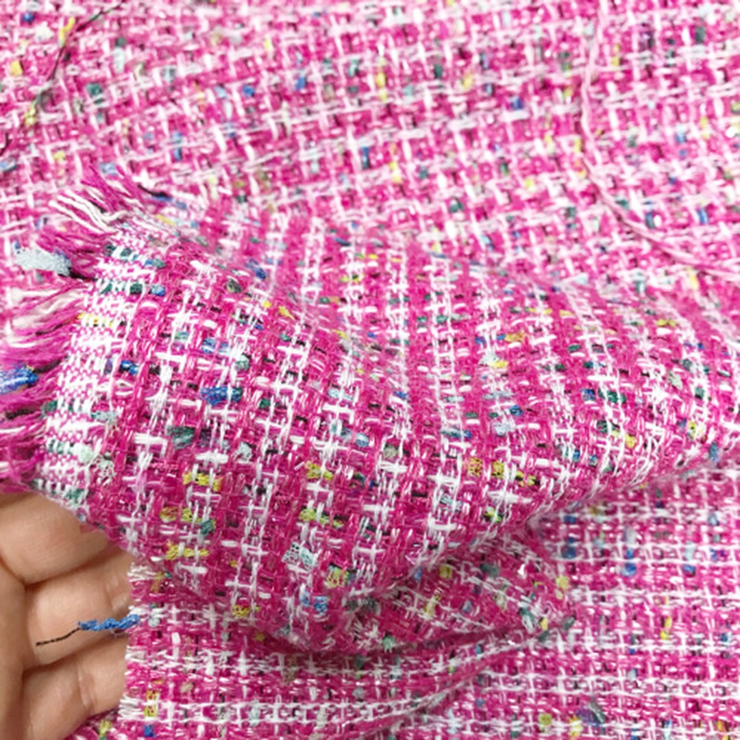Bright Pink Check Tweed Fabric, Tweed Boucle Fabric With Colorful Yarn ...