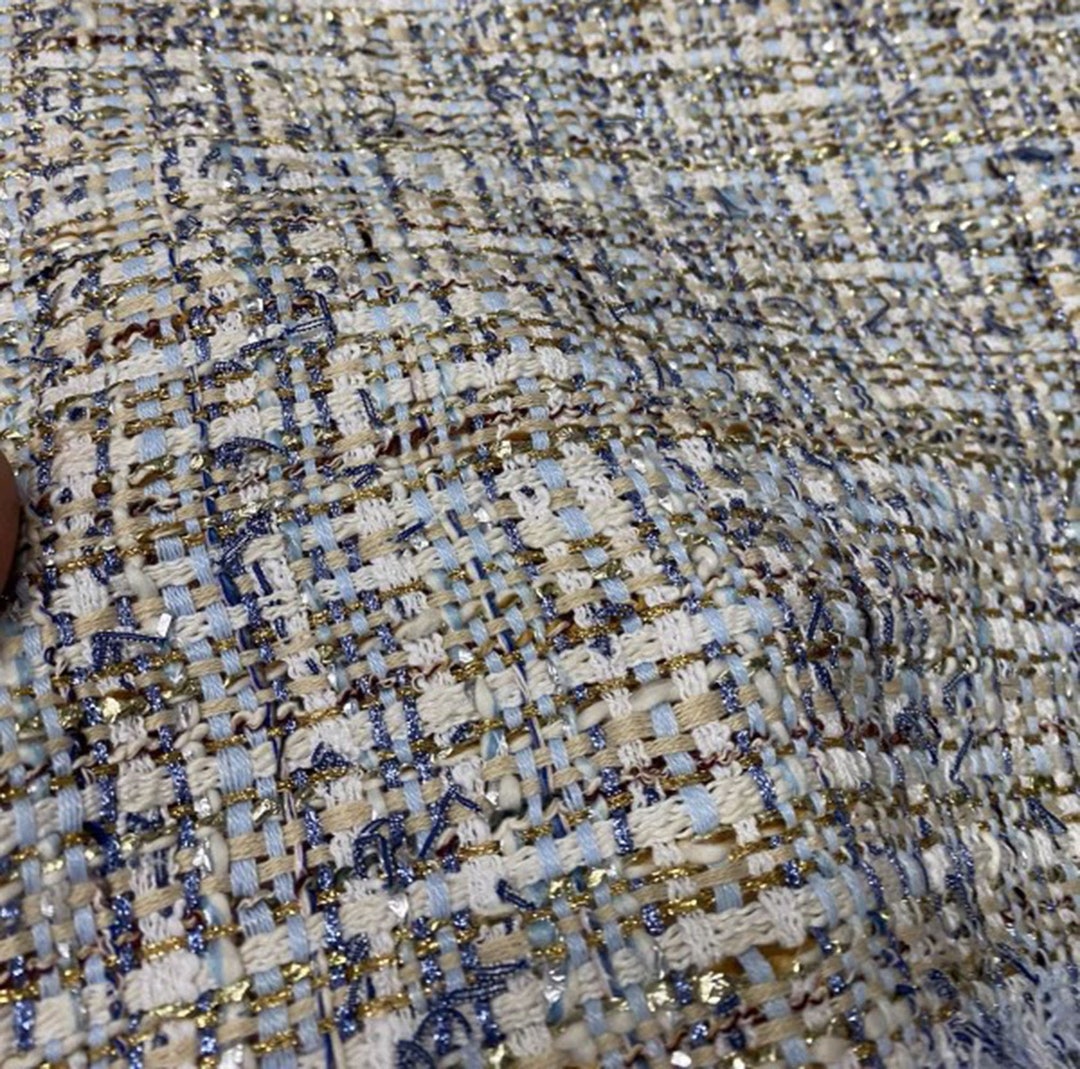 Color Block Blue Tweed Fabric, Metalized Tweed Boucle Fabric for Suit ...