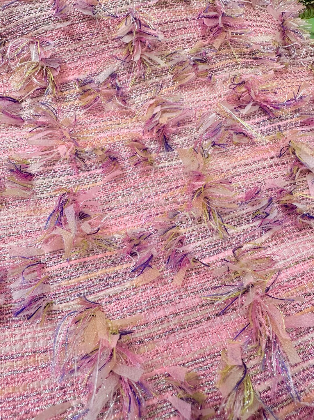 Spring Pink Tweed Fabric, 3D Tweed Tassel Boucle Fabric With Metalized ...