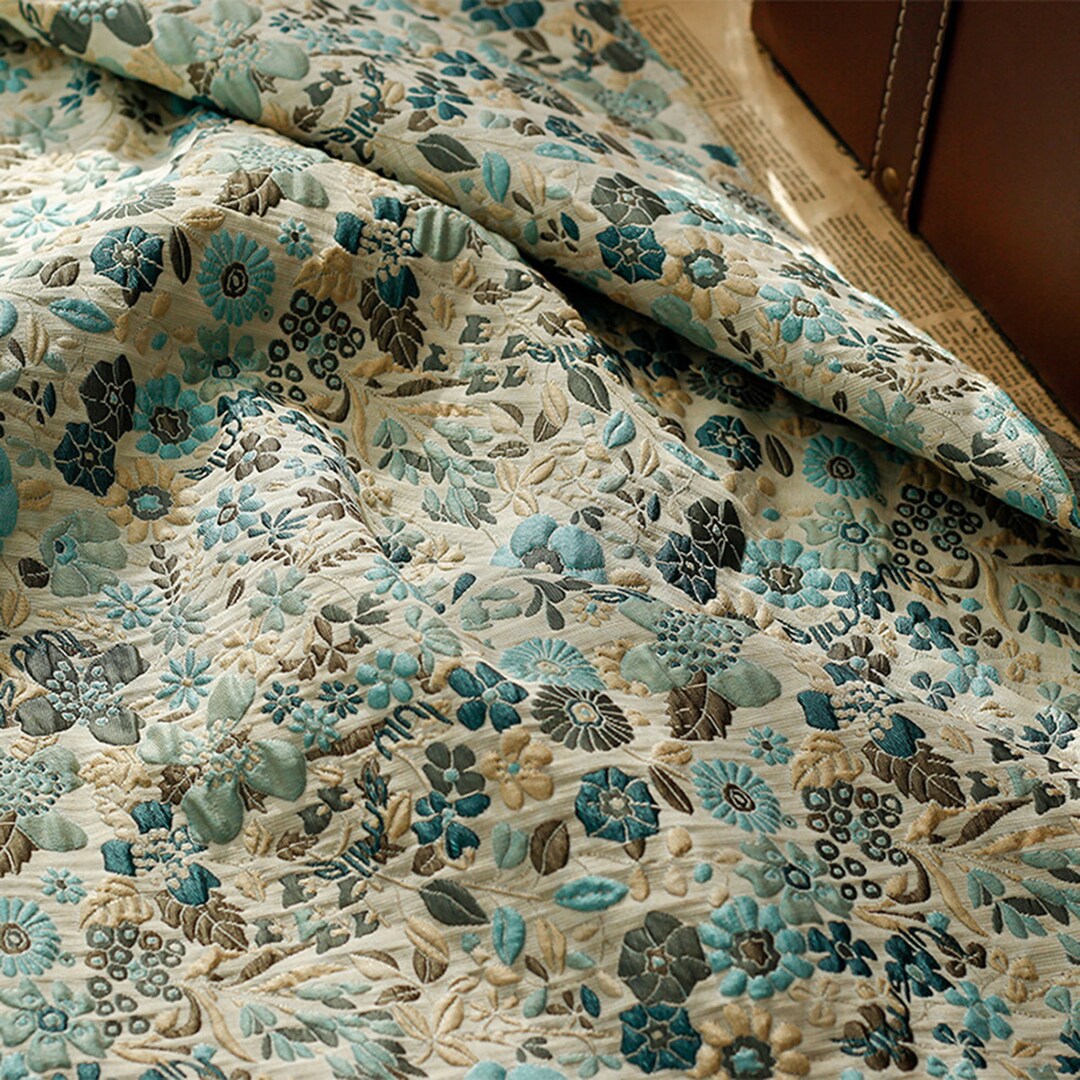 Floral Emboss Jacquard Fabric, Vintage Brocade, Blue Damask Fabric for ...