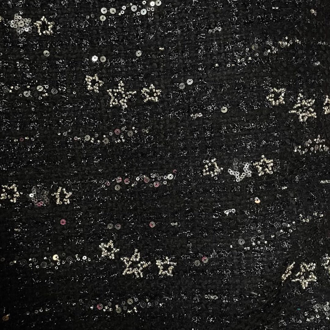 Sparkling Black Tweed Boucle Fabric, Sequins Beaded Star Tweed Fabric ...