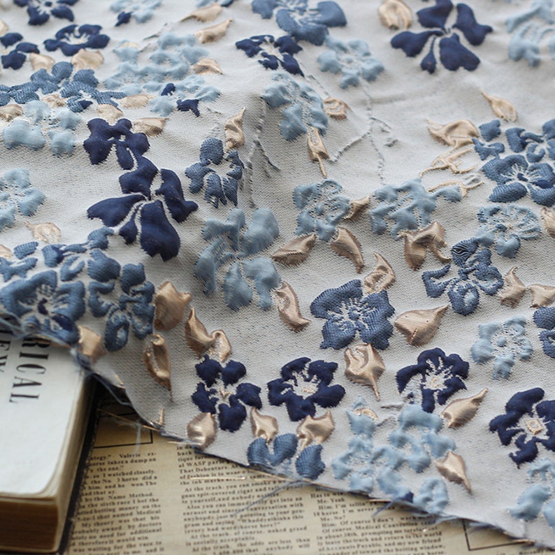Blue Floral Emboss Jacquard Fabric Exquisite Brocadedamask - Etsy