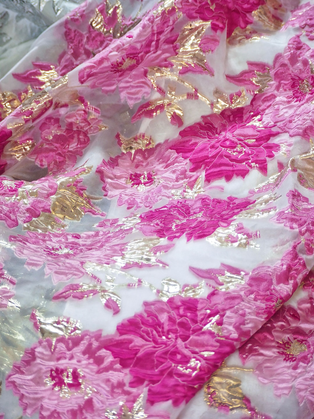 Bright Pink Floral Jacquard Fabric, Organza Pink and Gold Emboss Fabric ...