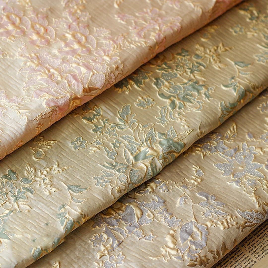 Gold Embroidered Jacquard Fabric, Embossed Floral Damask Brocade for ...
