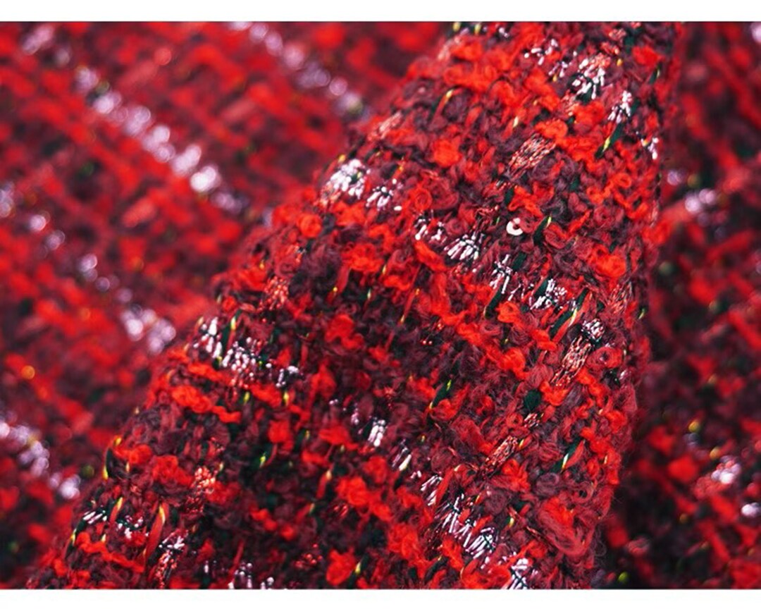 Red Tweed Fabric, Wool Tweed Boucle Fabric With Metalized Yarn for Suit ...