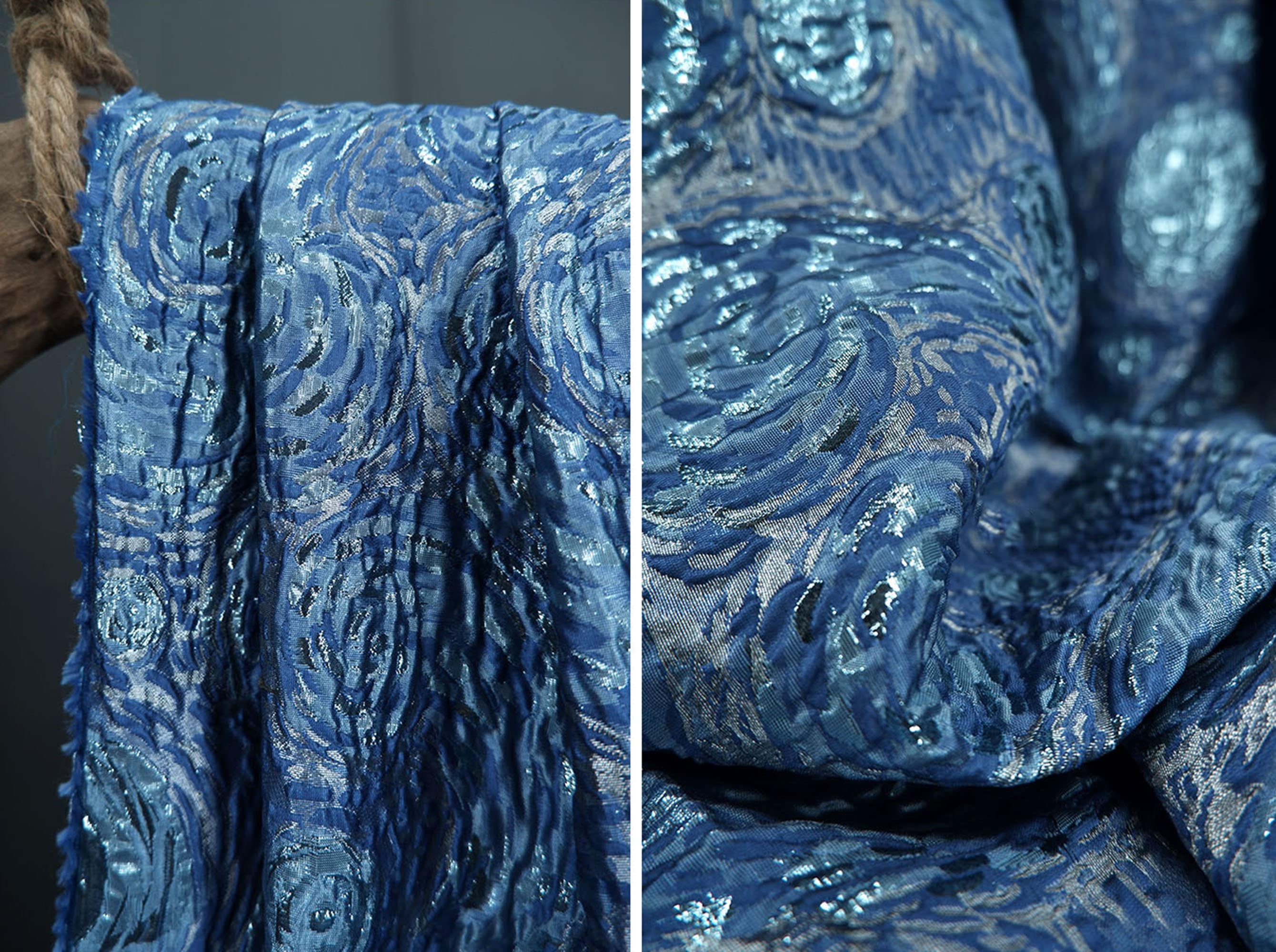 Sparkling Royal Blue Jacquard Fabric, Swirl Emboss Brocade, Pelated ...