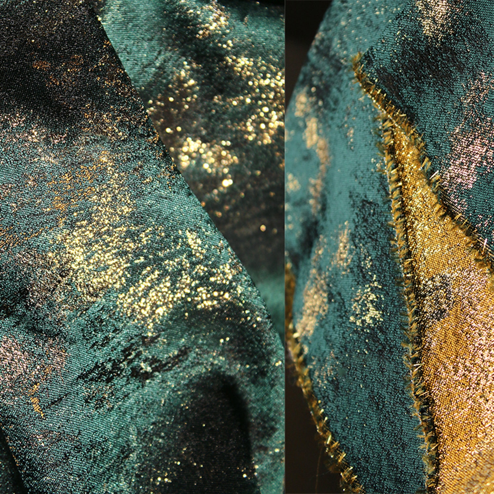 Vintage Dark Green Gold Jacquard Fabric, Double Face Gold Petal Shimmer ...