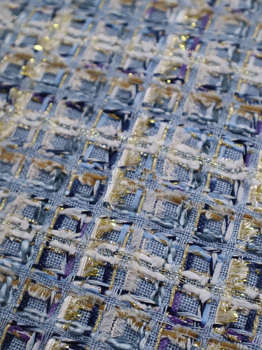 Blue and Gold Tweed Fabric, Check Tweed Boucle Fabric With Metallic ...
