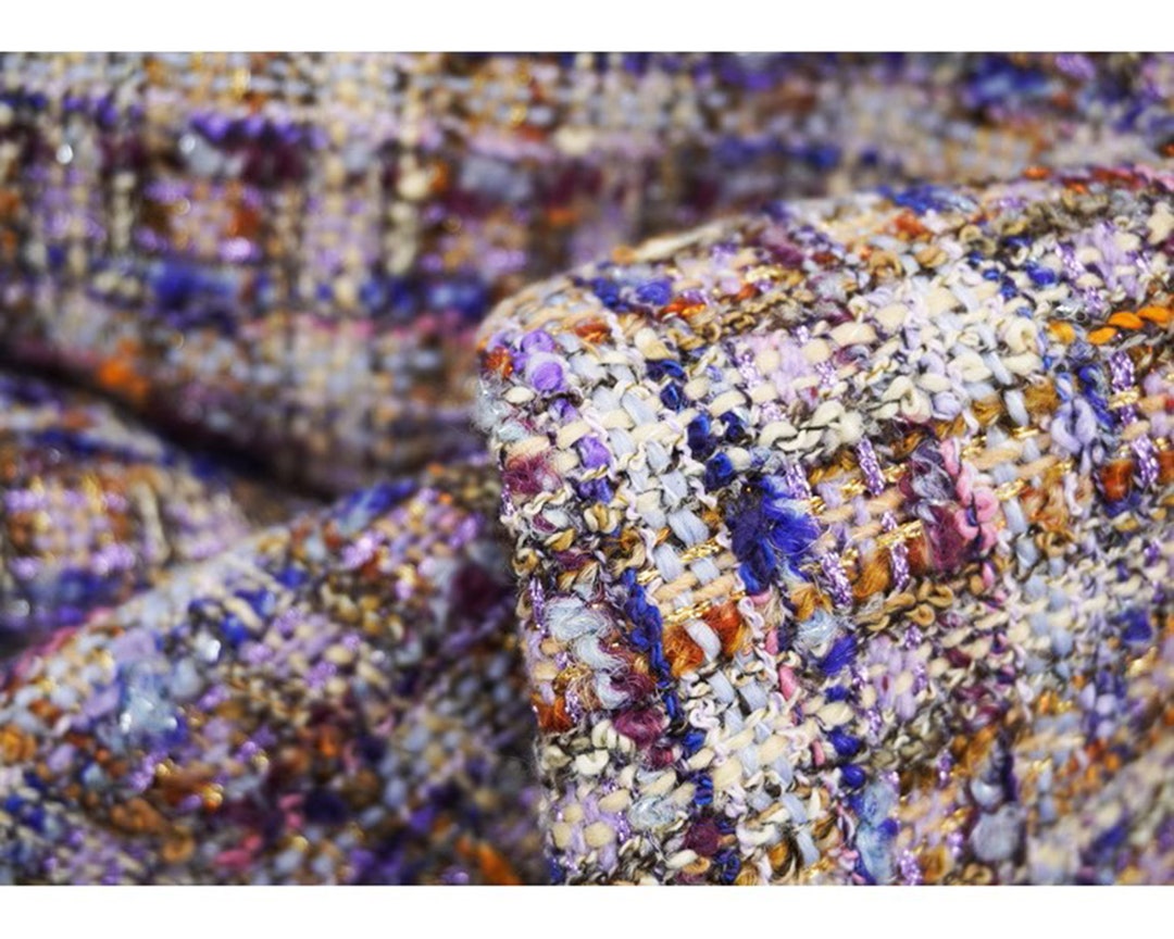 Colorblock Purple Check Tweed Fabric, Metallic Wool Tweed Boucle Fabric ...