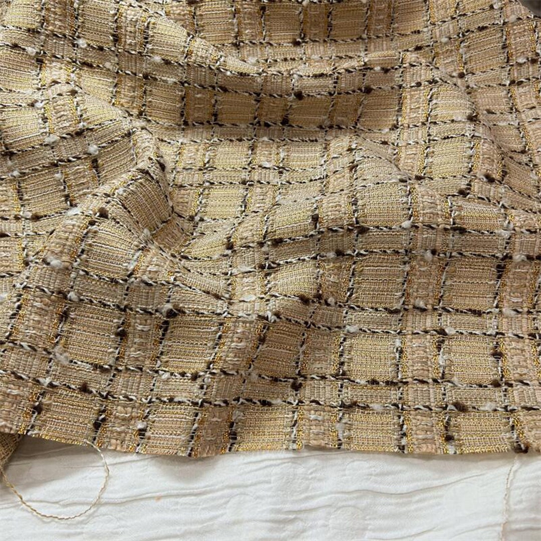Khaki Plaid Tweed Fabric, Metallic Tweed Boucle Fabric for Suit Coat ...