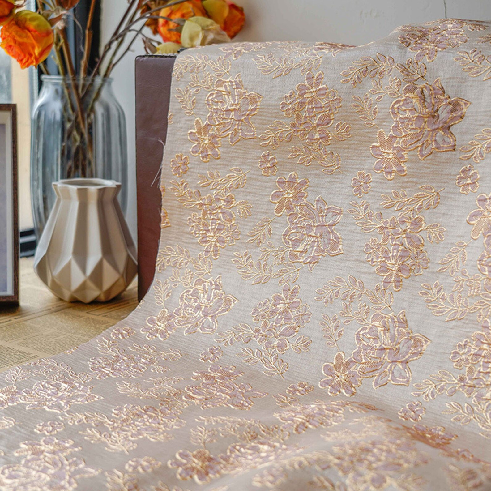 3 Color Gold Jacquard Fabric, Embossed Floral Damask Brocade for ...