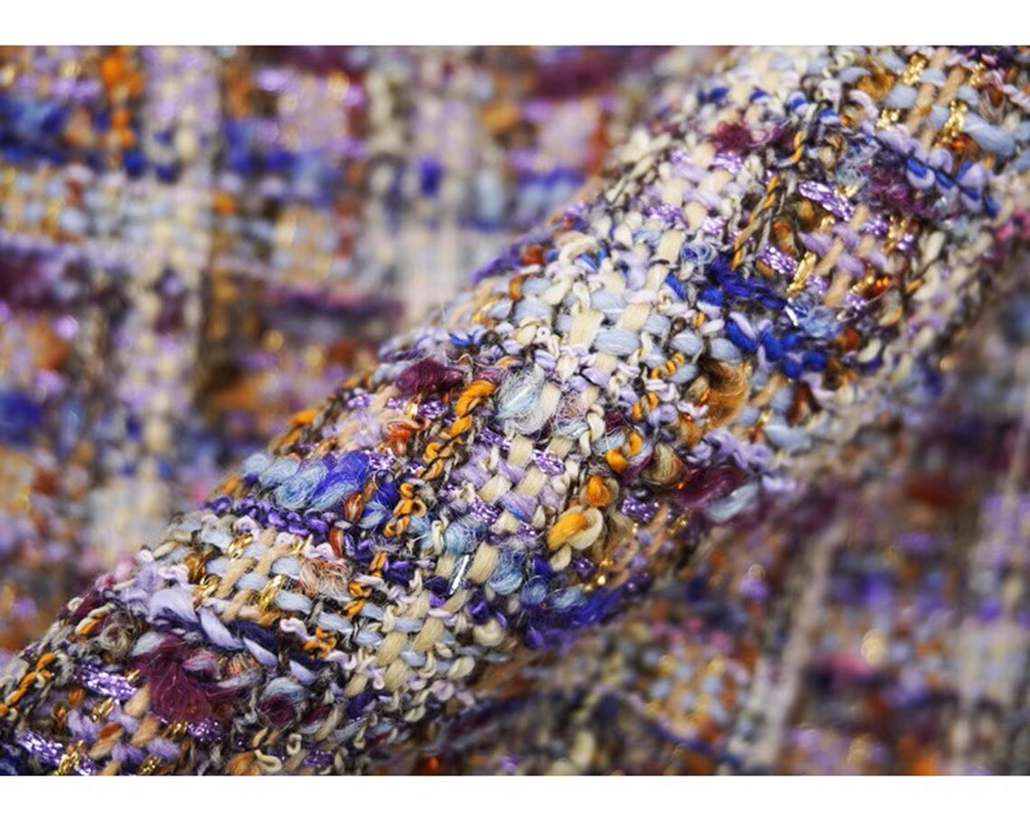 Colorblock Purple Check Tweed Fabric, Metallic Wool Tweed Boucle Fabric ...