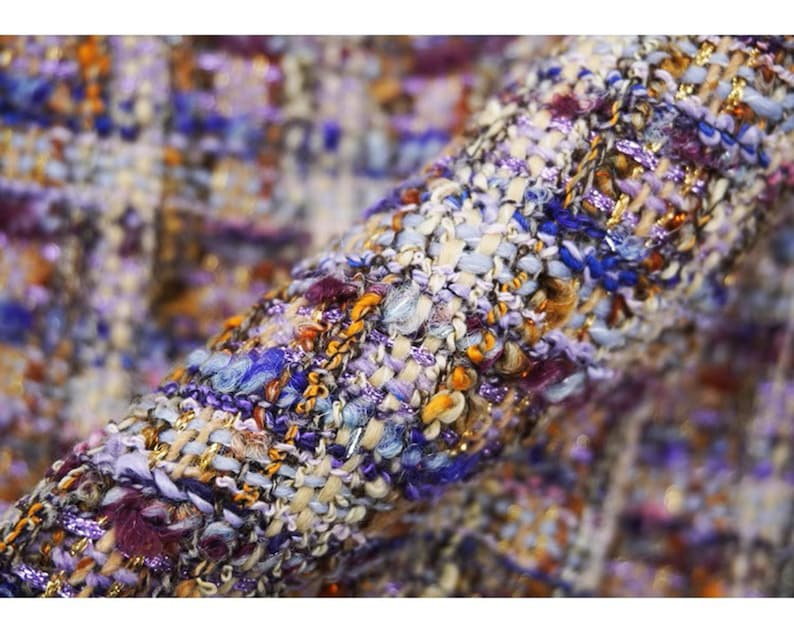 Colorblock Purple Check Tweed Fabric, Metallic Wool Tweed Boucle Fabric ...