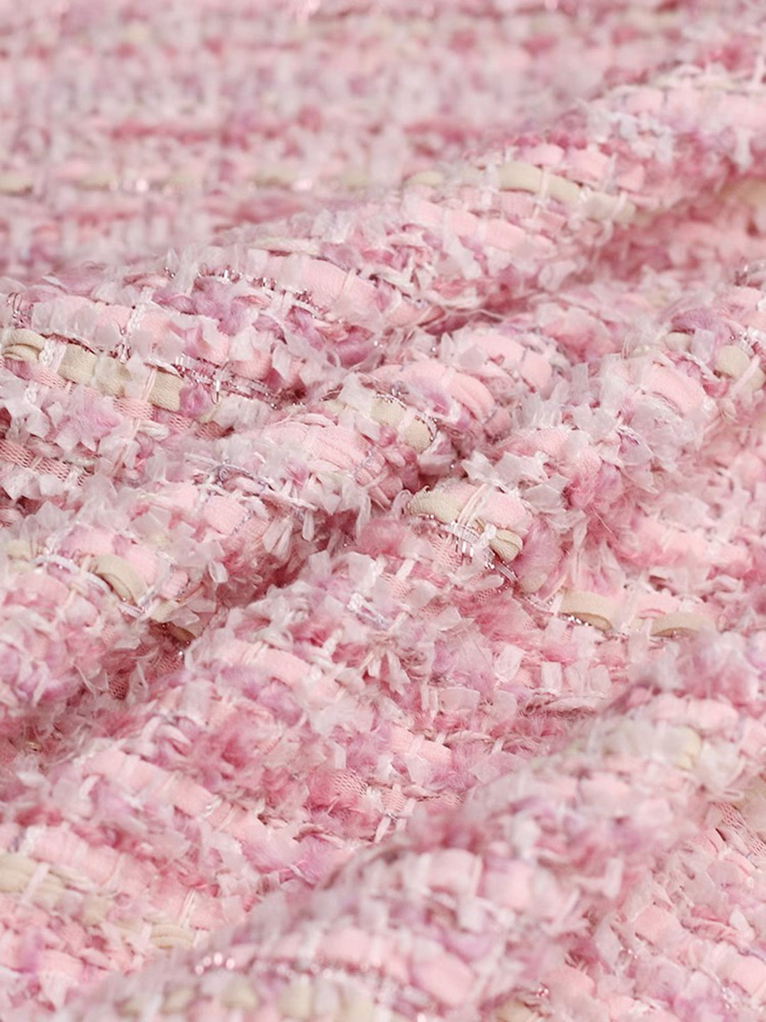 Sweet Pink Tweed Boucle Fabric Woven 20 Wool Tweed Fabric With Tassel For Jacket Suit Coat