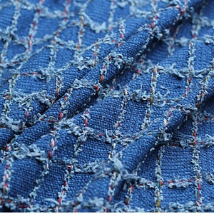 Blue Tweed Boucle Fabric, Woven Check Pattern Dense Tweed Fabric for ...