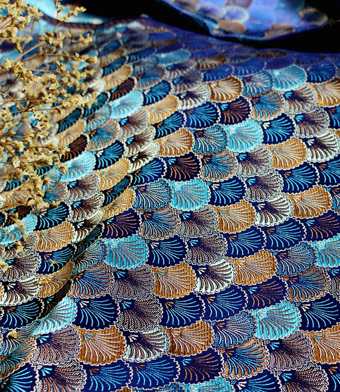 Blue Silk Jacquard Fabric Japanese Shell Kinran Fabric for - Etsy