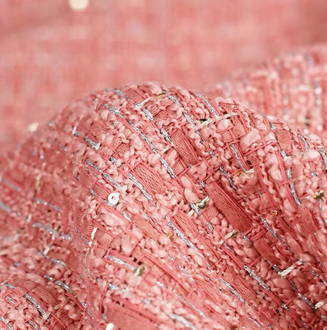 Orange Pink Tweed Fabric, Sequins Tweed Boucle Fabric With Sliver Yarn ...